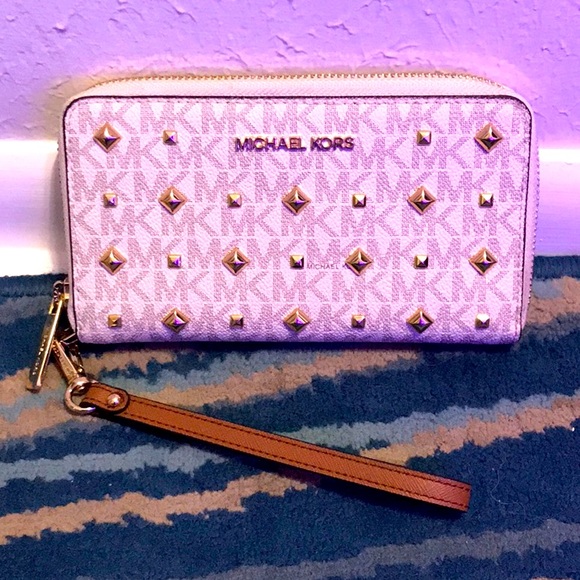 Bags | Mk Cream And Tan Studded Wristlet | Poshmark